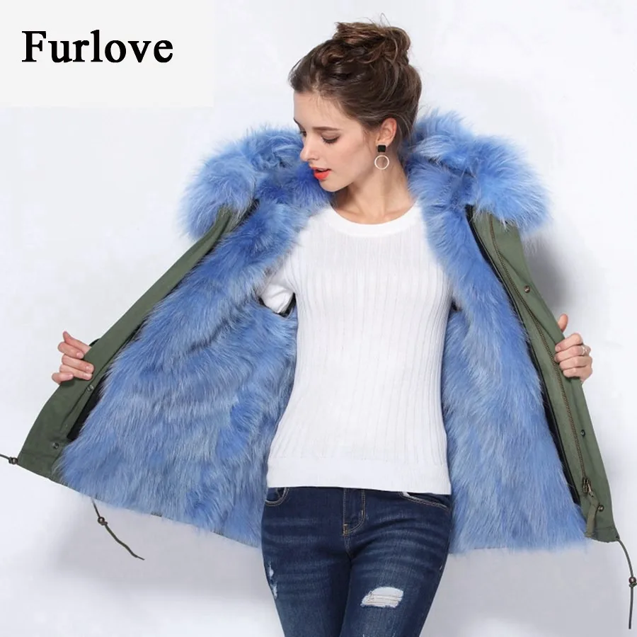 Natural raccoon fur collar hooded real fur lined parka winter coat women jackets denim jacket ...