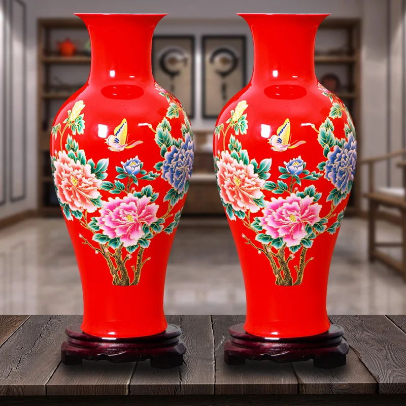 Jingdezhen Ceramic Chinese Red Peony Vase Flower Vase Home Decoration ...