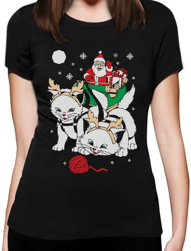 2018 Fashion Cats Santa Ride Kittens Funny Ugly Christmas Women T Shirt ...