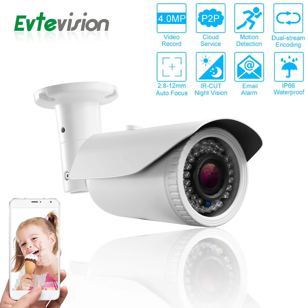 Evtevision 4.0MP H.265 Auto Focus IP Camera Support 4K Output Onvif P2P ...