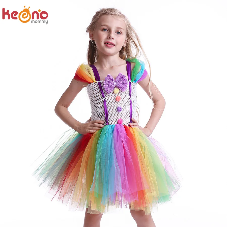 Girls Clown Rainbow Inspired Handmade Tutu Dress Colored Pom Poms Kids ...
