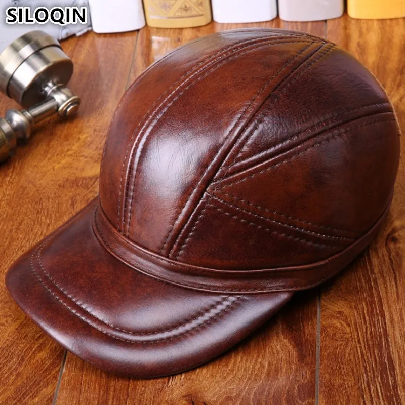 SILOQIN Winter Men's Warm Cowhide Baseball Caps Genuine Leather Hat ...