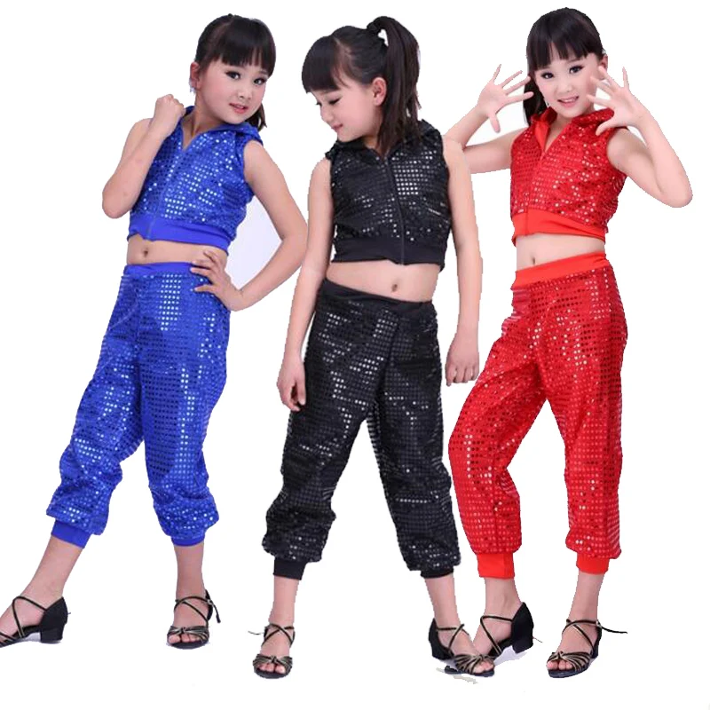 Kids Sequined Hip Hop Stage Dancewear Costumes Girls Ballroom Party ...