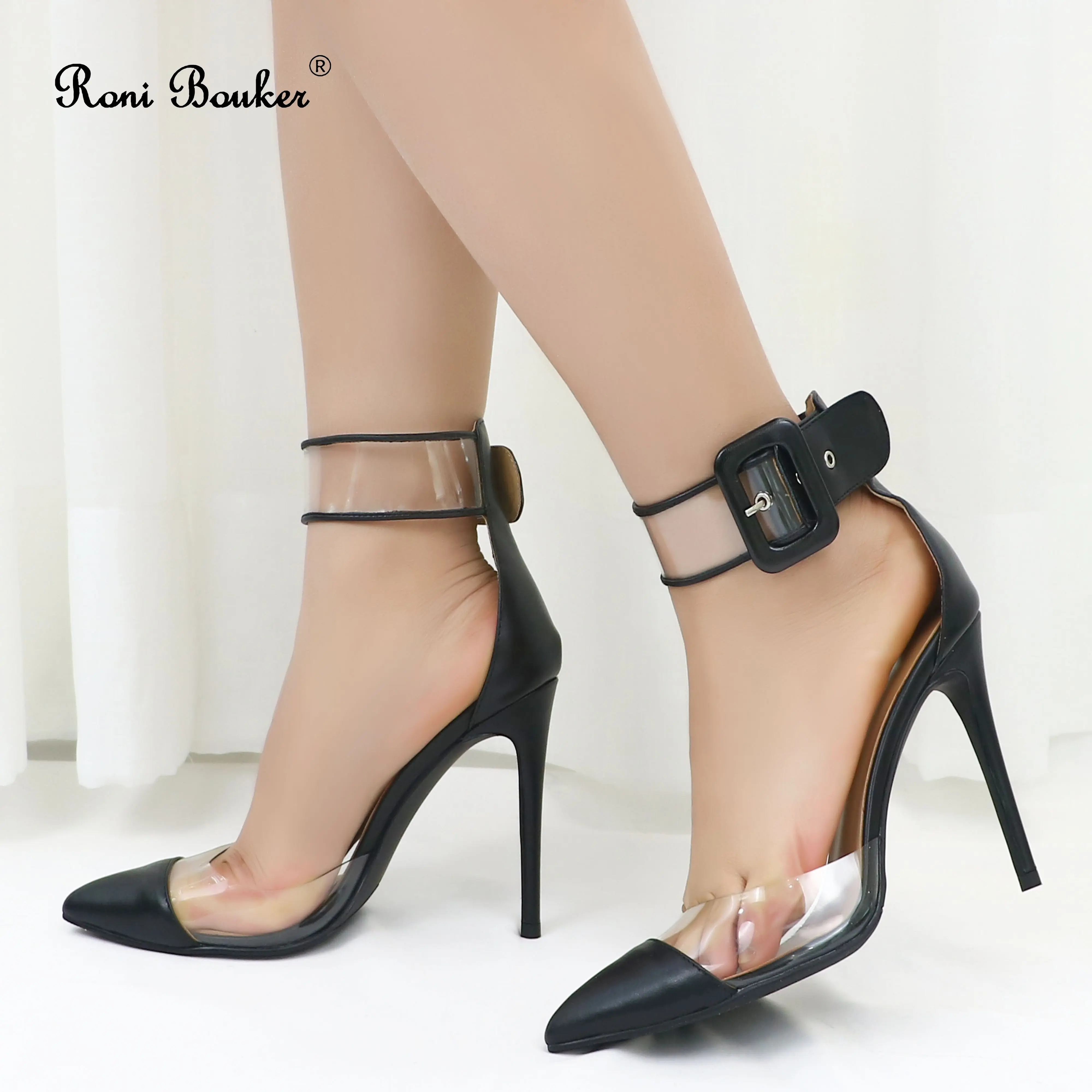 Roni Bouker Classic Black Leather Heels Women Buckle Clear Pvc Shoes ...