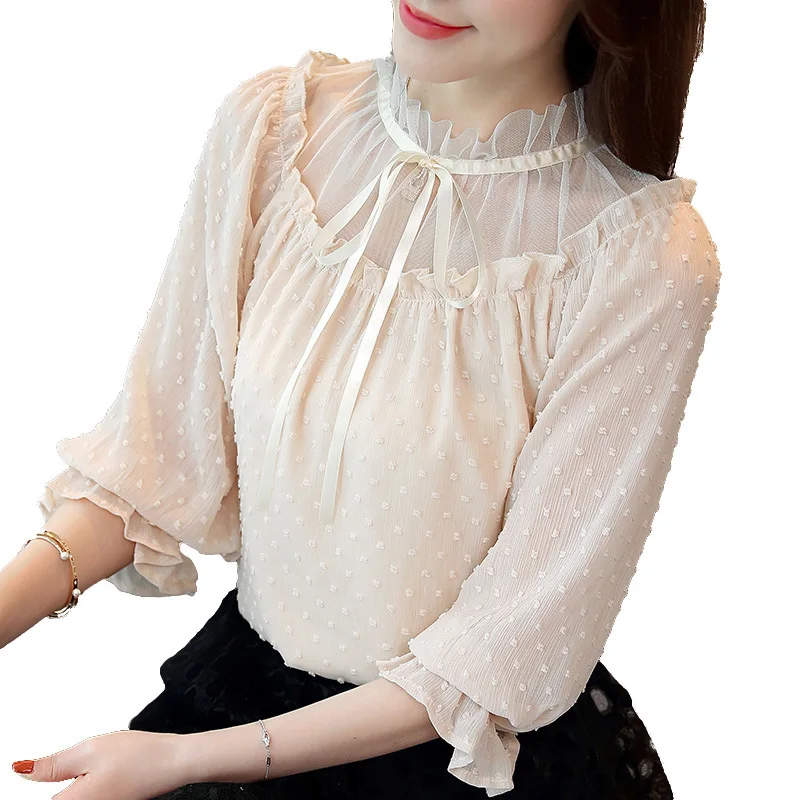 Patchwork Lace Chiffon Blouse Shirt Women Summer Bow Ruffled Collar