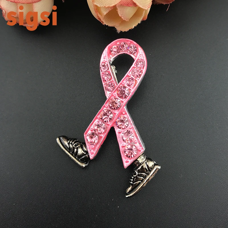 Breast Cancer Awareness Brooch Pin Pink Ribbon Rhinestone Walking ...