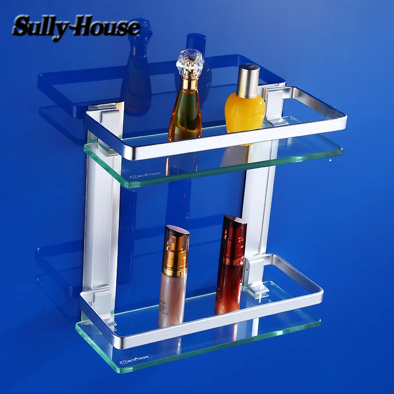 Sully House Bathroom Aluminum 8mm Thickness Tempered Glass Double Shelf ...