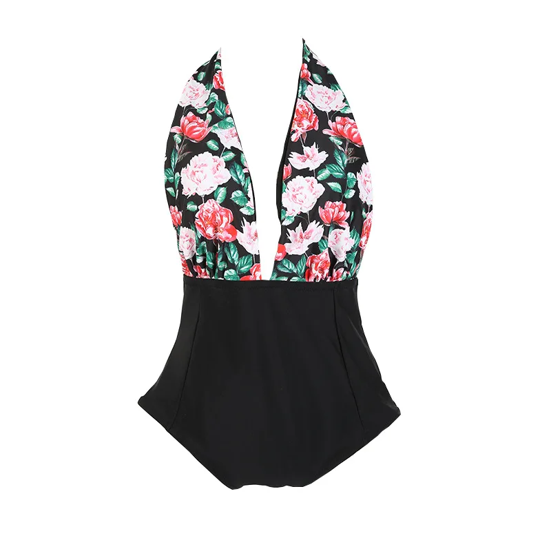 Women's One Piece Backless Halter Bikini Printed Swimwear Bathing Suit ...