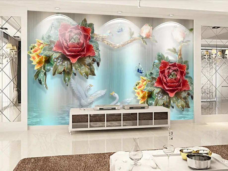 custom 3d wallpaper mural Relief peony TV backdrop 3d photo wallpapers ...