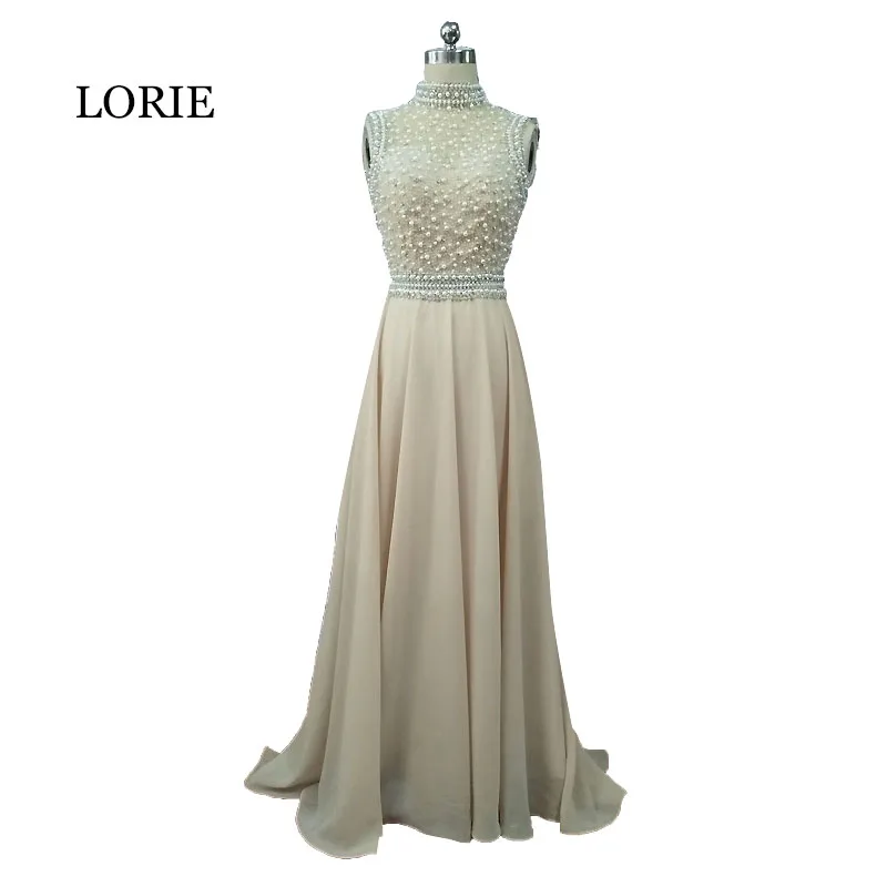 Lorie Long Pearls Evening Dress For Graduation High Neck Beaded A Line