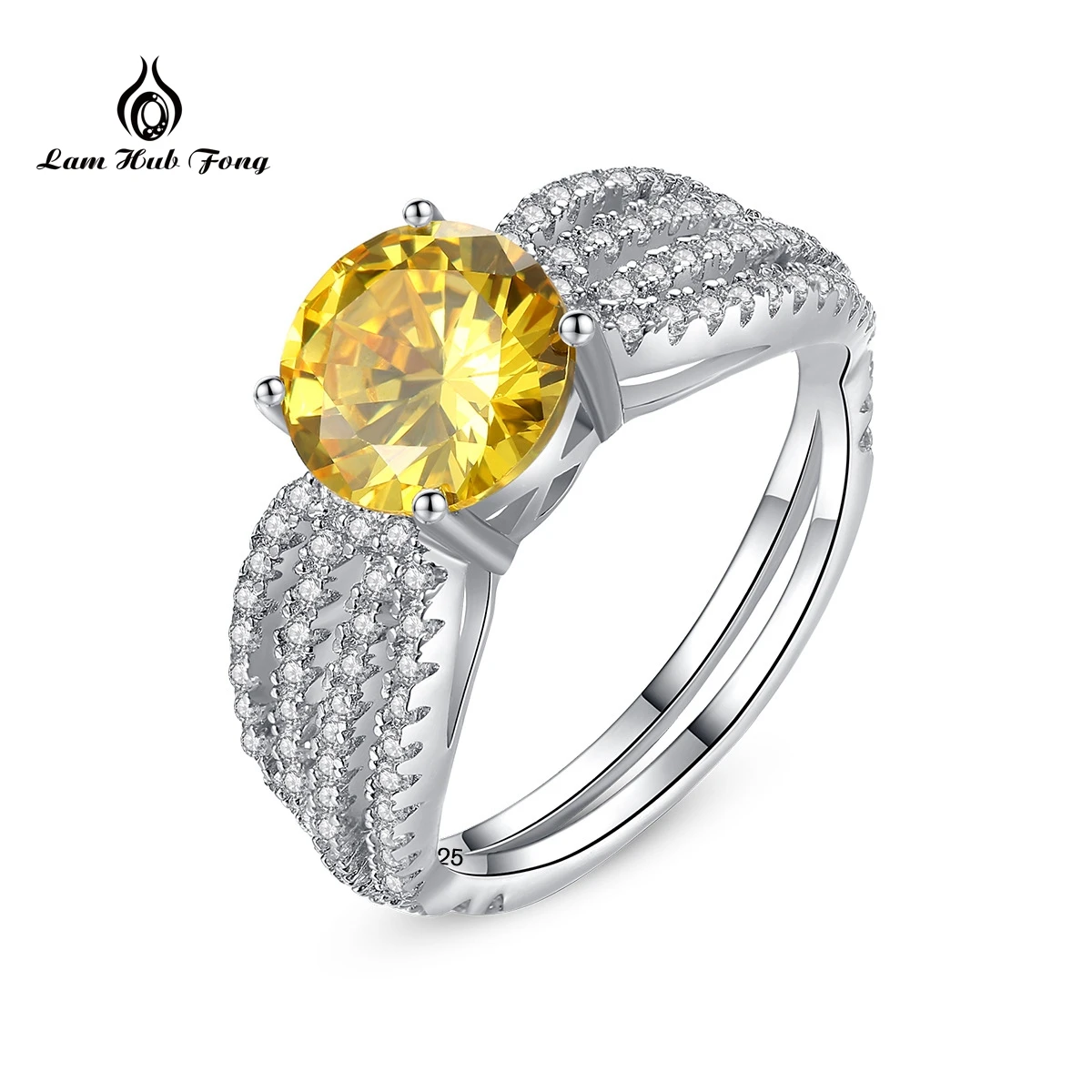 Genuine 925 Sterling Silver Ring Yellow AAA Cubic Zirconia Round Ring ...