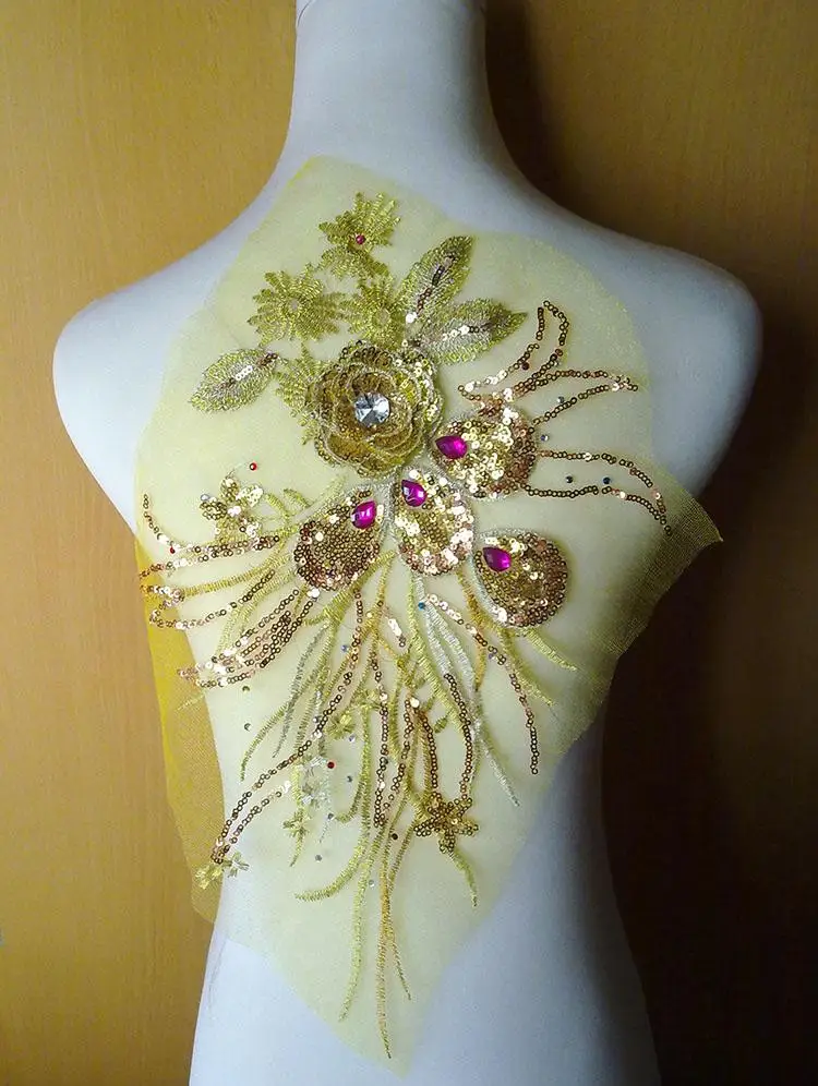 27*40cm 3D yellow sequined flower embroidery & paillette on yellow mesh ...
