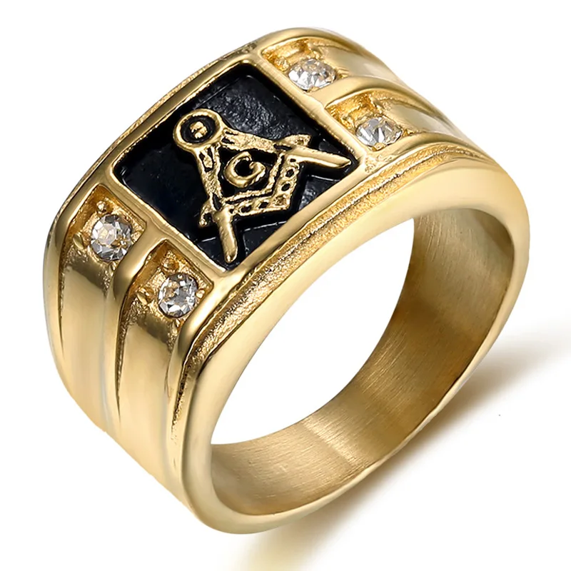 Hip Master Freemason Masonic Signet Rings Titanium Stainless Steel Iced Out Crystal Bling Gold