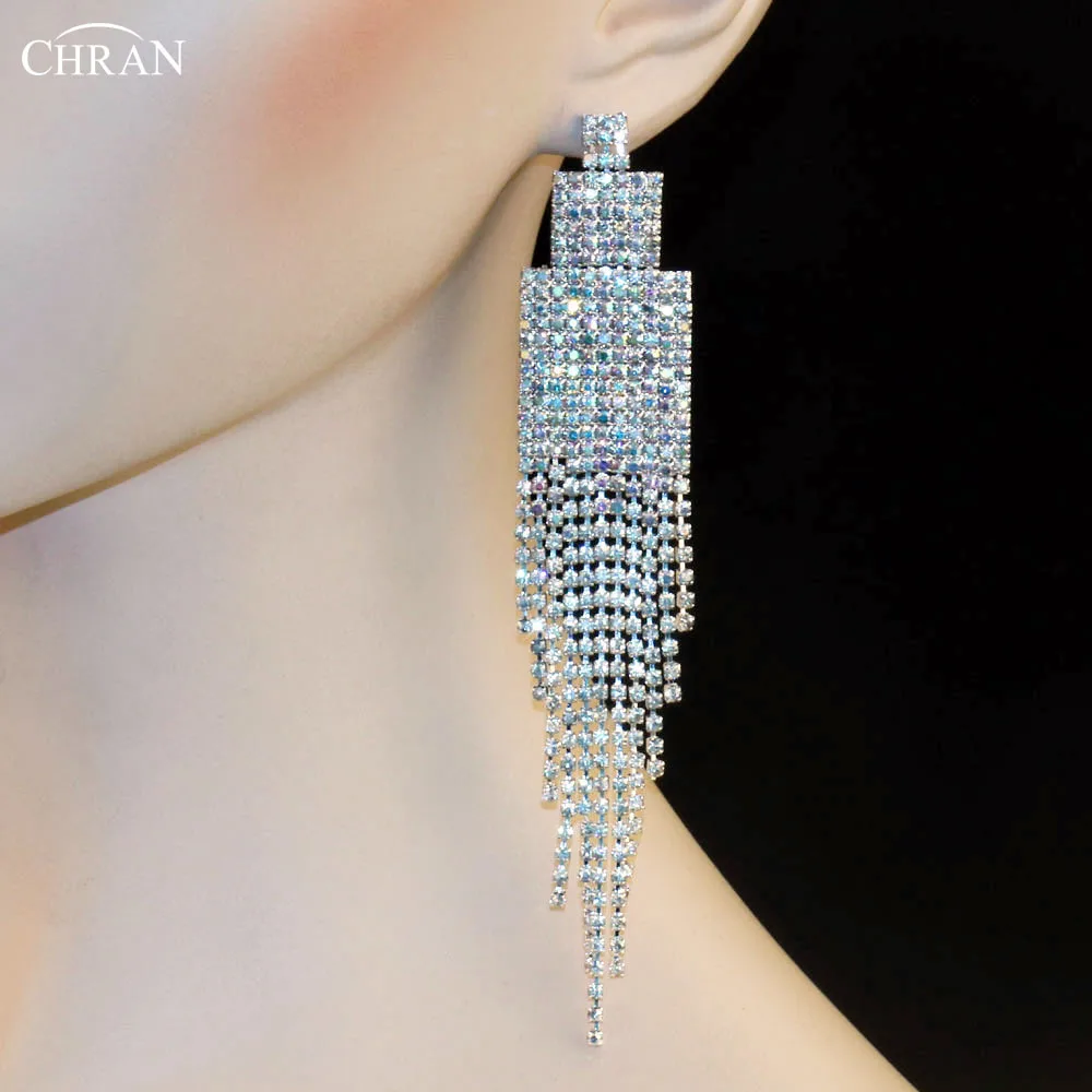 Chran 3 Color Luxury New Earing Wedding Bridal Rhinestone Crystal Long