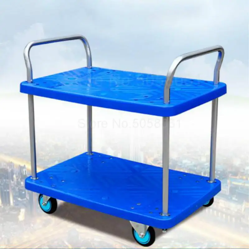 Double layer flatbed silent trolley push truck four wheel small cart ...