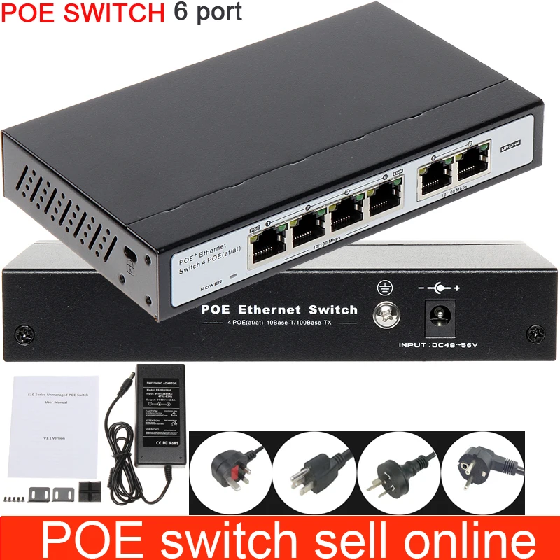 6 Ports 4 PoE Injector POE Power Over Ethernet Switch with outside ...