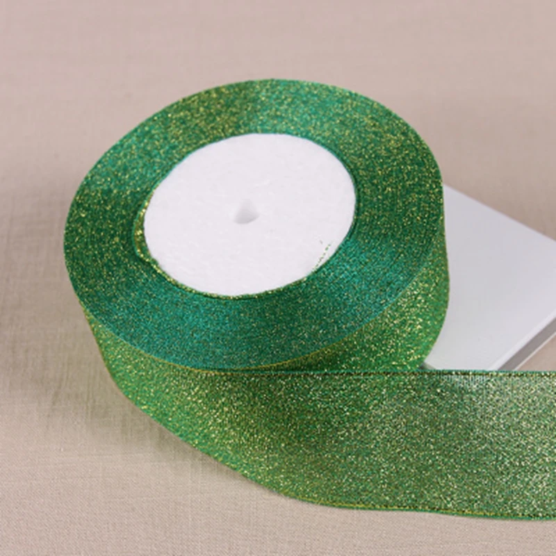 (25yards/roll) 40mm Green Metallic Glitter Ribbon Colorful gift package ...