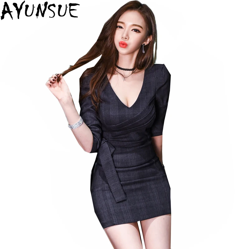 Ayunsue New Spring Autumn 2018 Party Clubnight Sex Dress Women Plaid