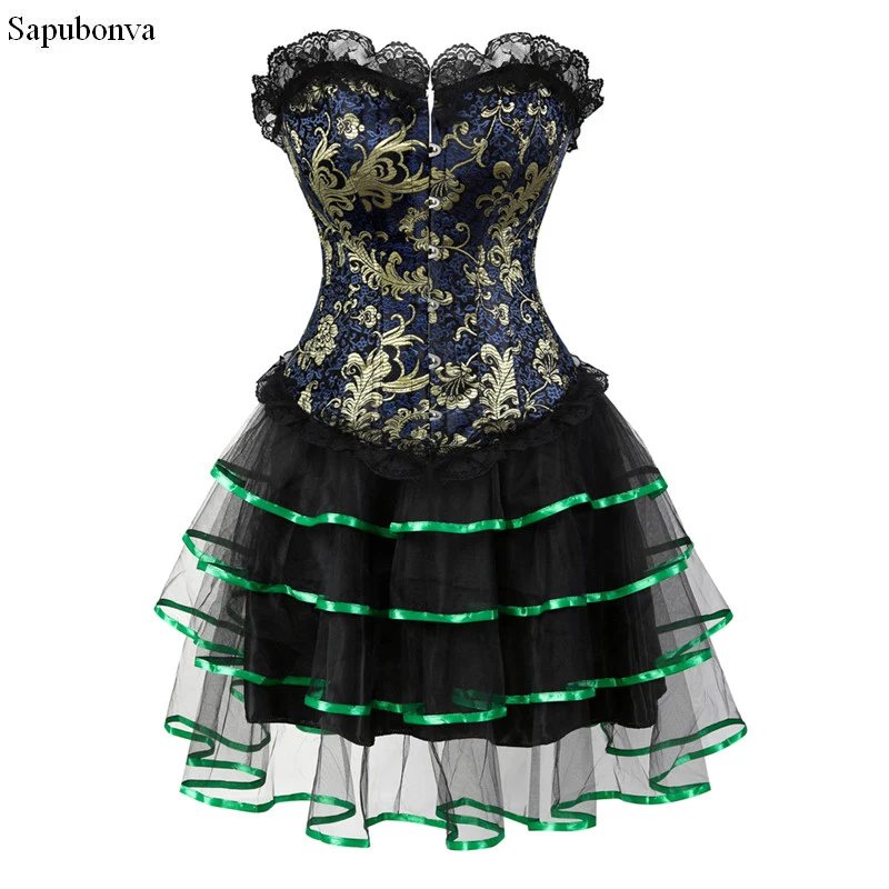 Sapubonva Sexy Hot Corset Bustier Skirt Set Womens Lace Corset Dress