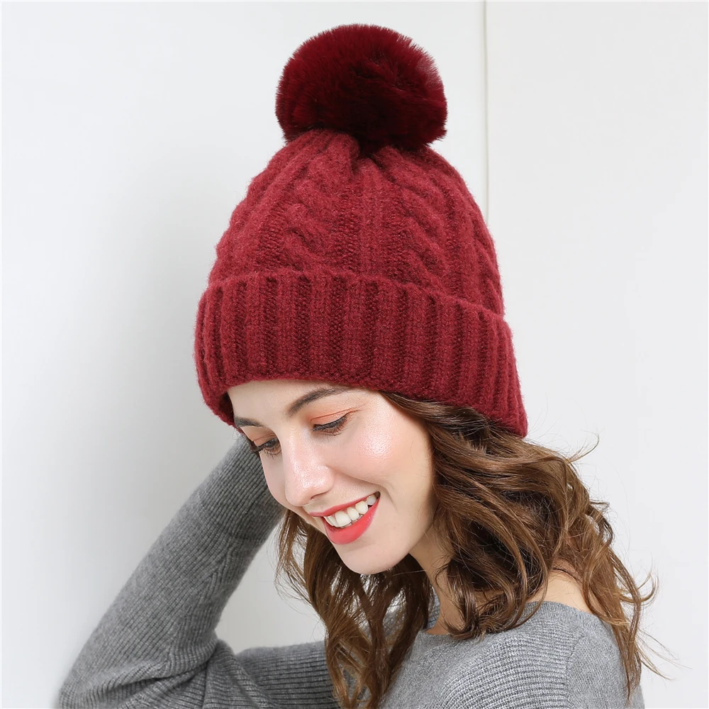 Warm Winter Beanies Fur Wool Knitted pompom Hat White Women Cap bone ...