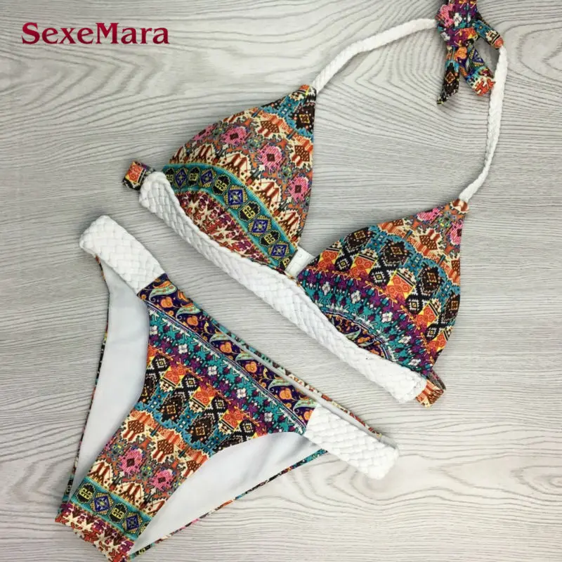 Sexemara Bikini Set Bandage Swimsuits Print Crossover Swimwear Women