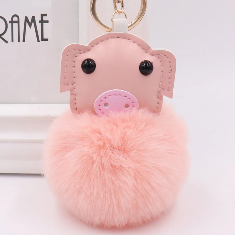 Cute Fluffy Leather Pig Keychains Faux Rabbit Fur Ball Pompon Key ...