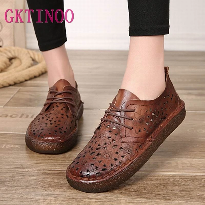 GKTINOO Summer Hollow Out Women Flats Original Genuine Leather Shoes ...