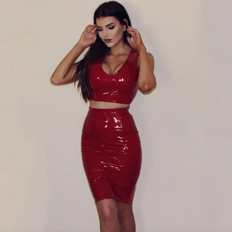 Fashion Women Red Pu Leather Two Piece Dress Sexy Deep V Neck Crop Tops