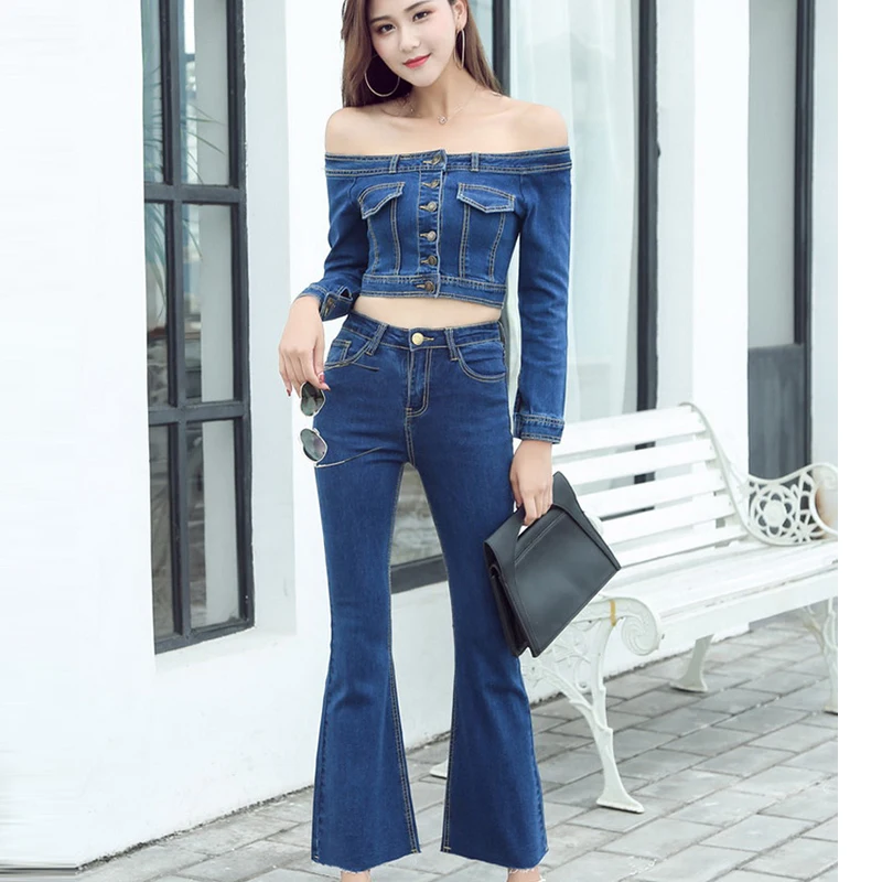 High Quality New Two Piece Set Women Sexy Blue Denim Long Sleeve Slash
