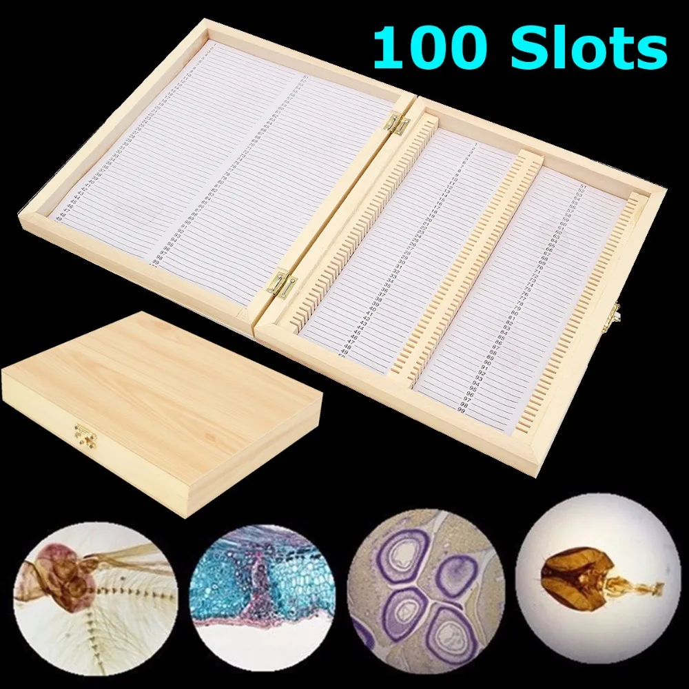 100 Slots Wooden Microscope Glass Slides Case Box Holder Storage ...