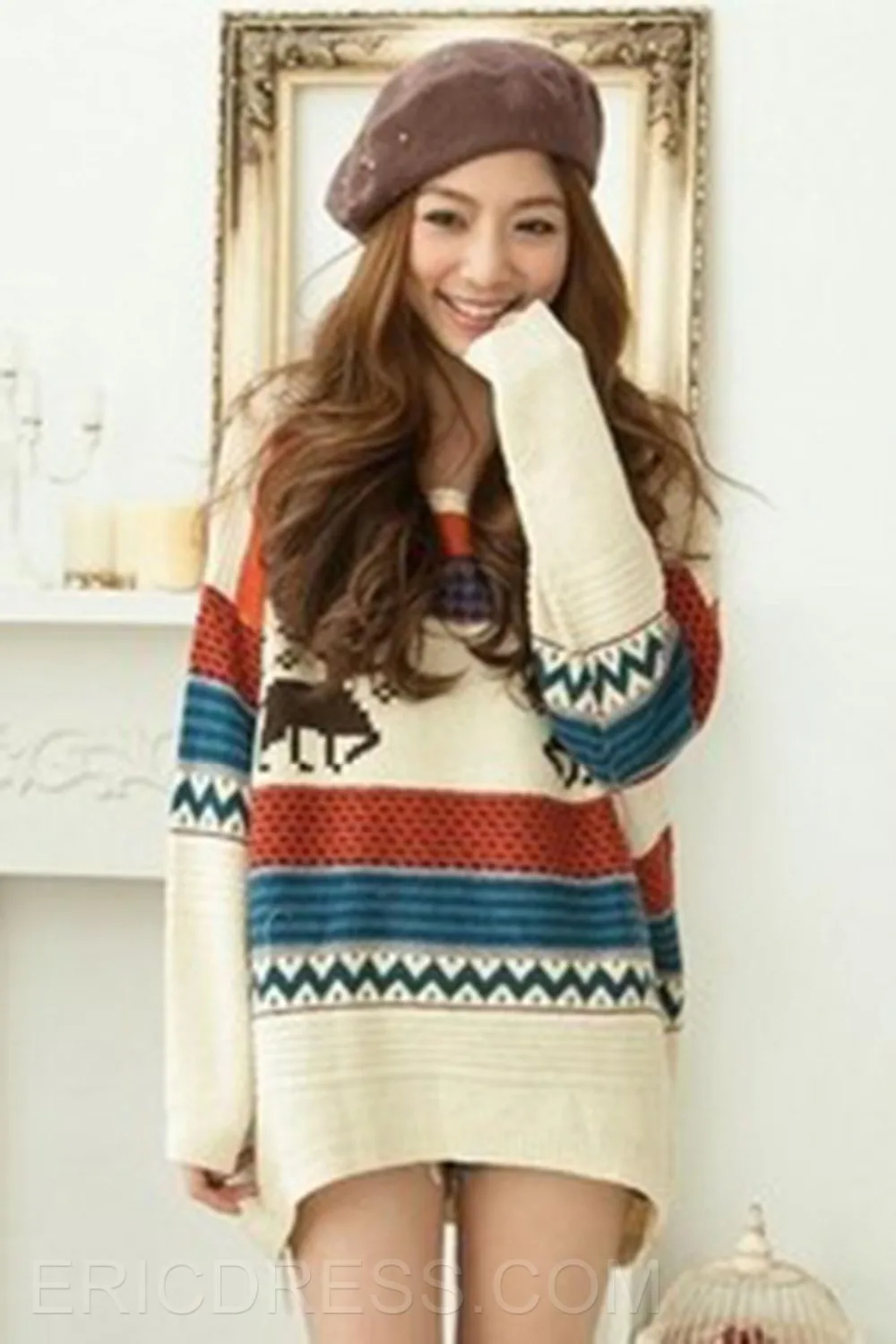 Deer Print Asymmetrical Hem Round Neck Knit Sweater(11032010)|sweater ...