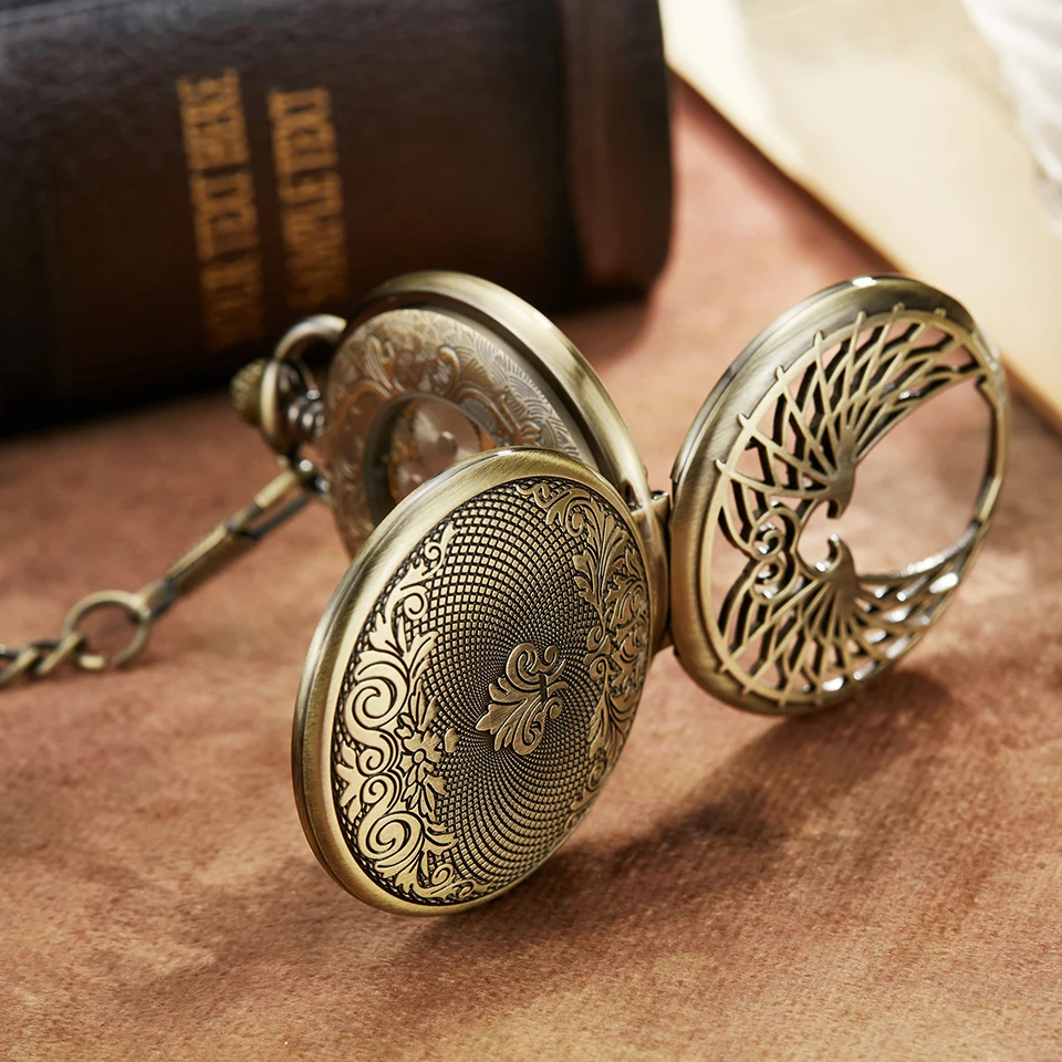 Luxury Mechanical Pocket Watch with Chain Angel Wings Hollow Hand ...