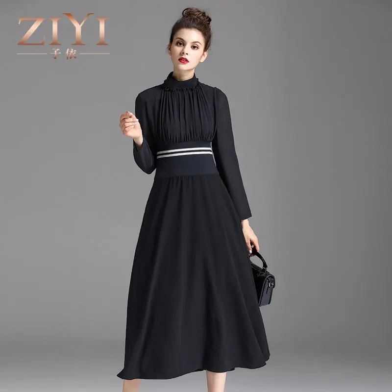 2017 Autumn Dress Women Long Sleeve Stand Collar Mid Calf Dresses