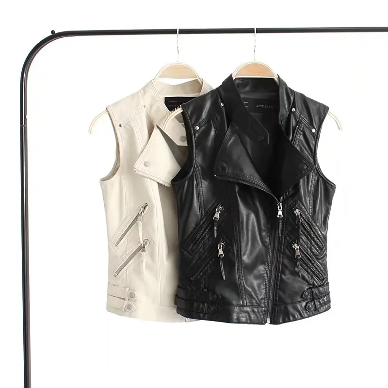 2017 Spring autumn PU leather women short vest jacket white black ...
