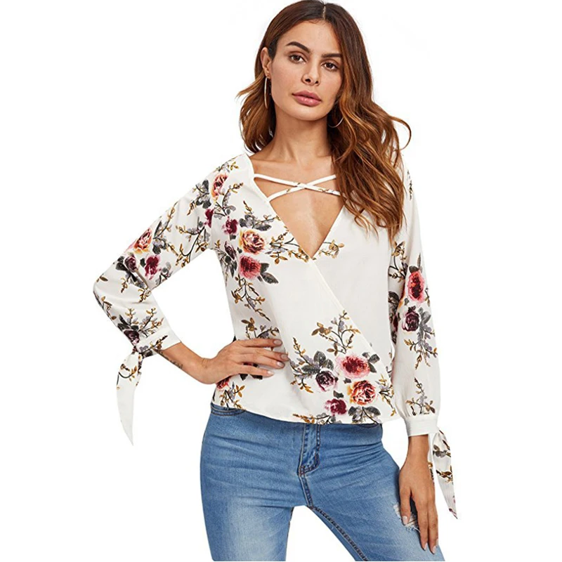 Womens Tops And Blouses 2018 Bow Lace Up Sleeve Floral Print Chiffon