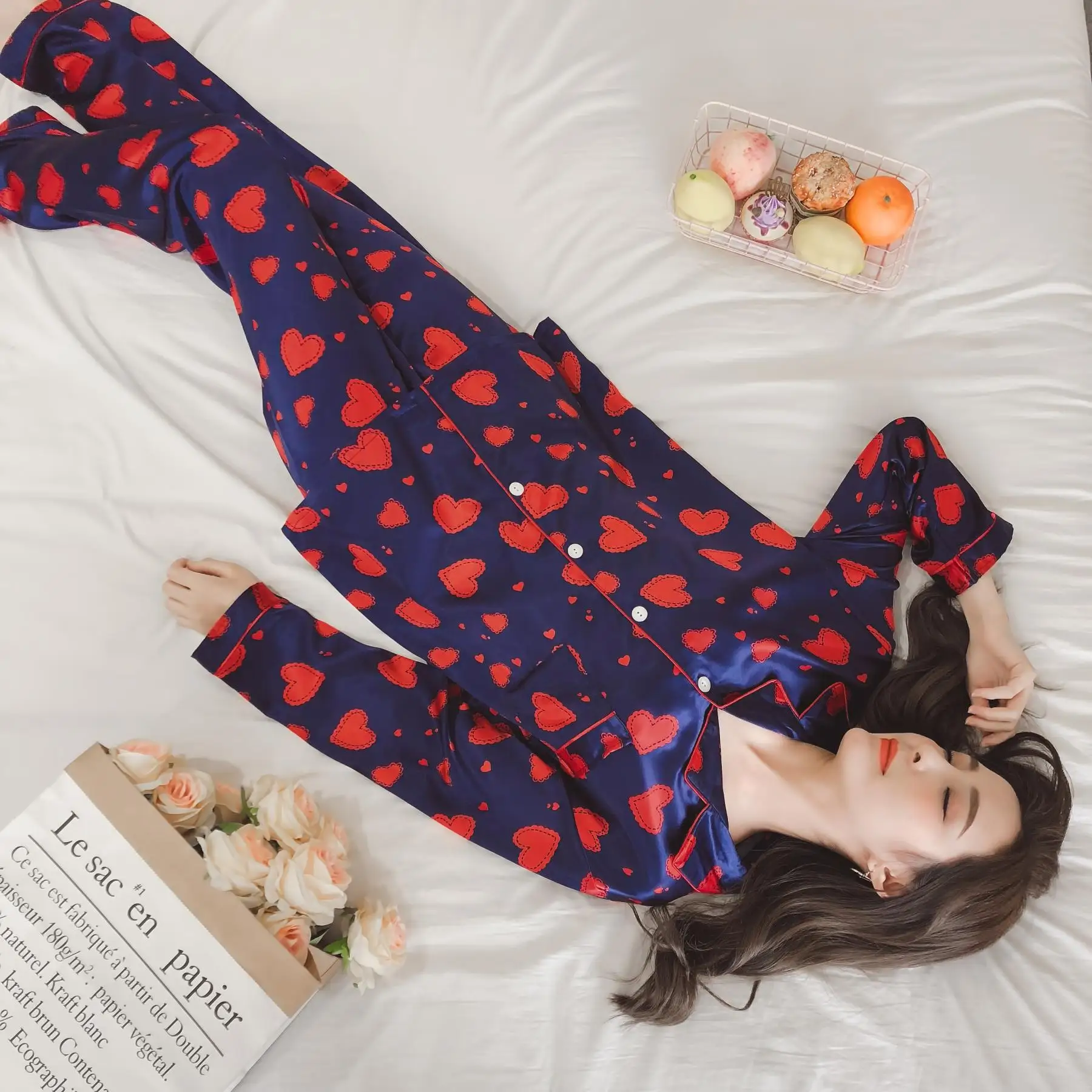 New Imitated Silk Pajama Set Female Casual Loose Sleepwear Long Sleeve ...