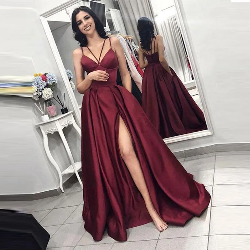 Sexy Spaghetti Strap Evening Dress Long Side Split Prom Vestidos Satin
