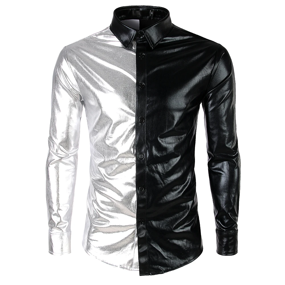 Metallic Shirt Men 2018 USA Size Patchwork NightClub Mens Shirts Silver ...