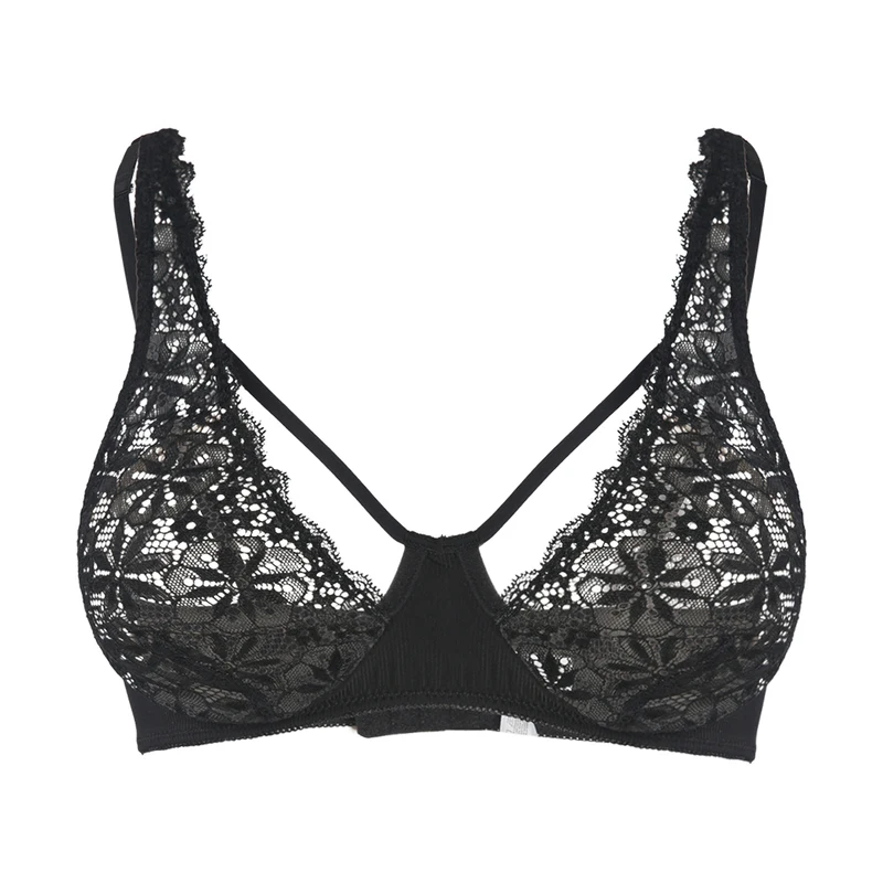 Women Black Bra Sexy Bralette Patchwork Lace Push Up Hollow Out