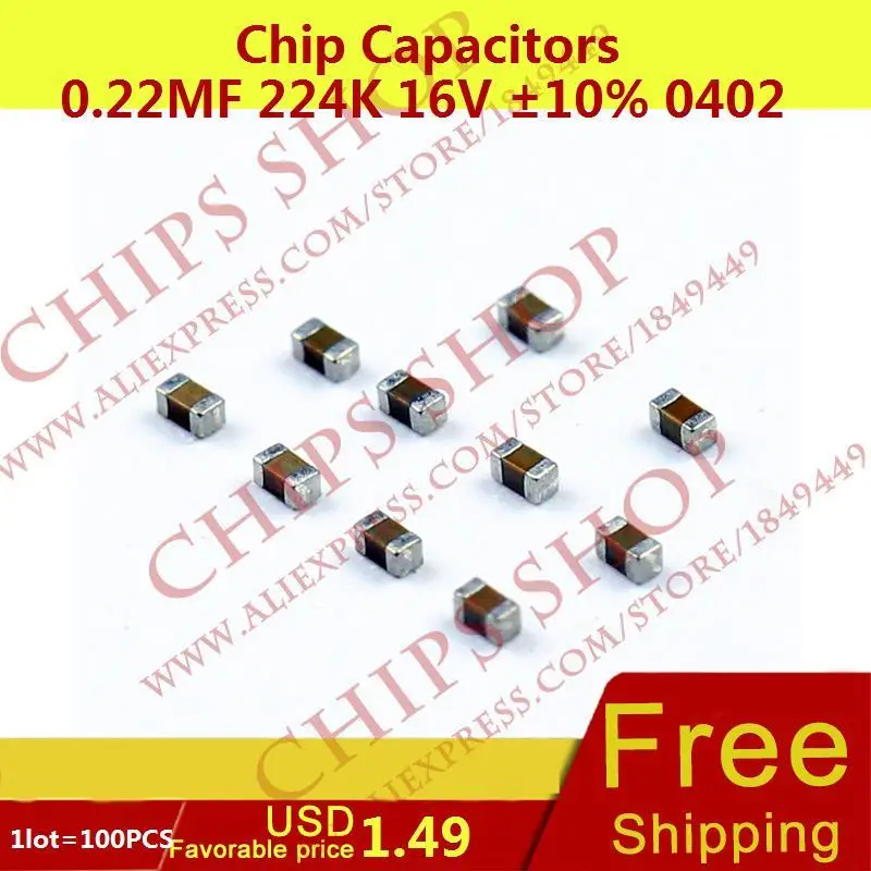 1LOT=100PCS Chip Capacitors 0.22uF 224K 16V 10% 0402 220nF 220000pF ...