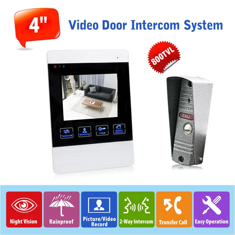4" Touch Color Monitor 800TVL Night Vision Door Video Intercom System Door Access Control ...