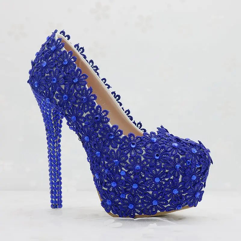 Fashion Blue rhinestone heesl wedding lace shoes blue pumps lace heels ...