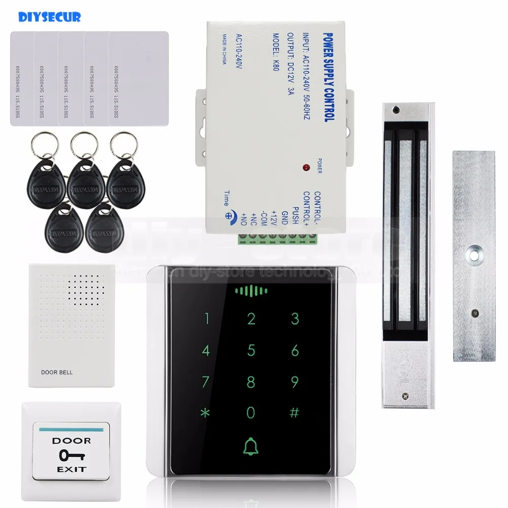DIYSECUR 125KHz RFID Reader Password Keypad + 280kg Magnetic Lock + Doorbell Access Control ...