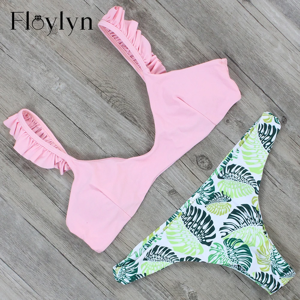 Floylyn Ruffled Strap Push Up Triangle Bikini Swimwear Summer Leaf