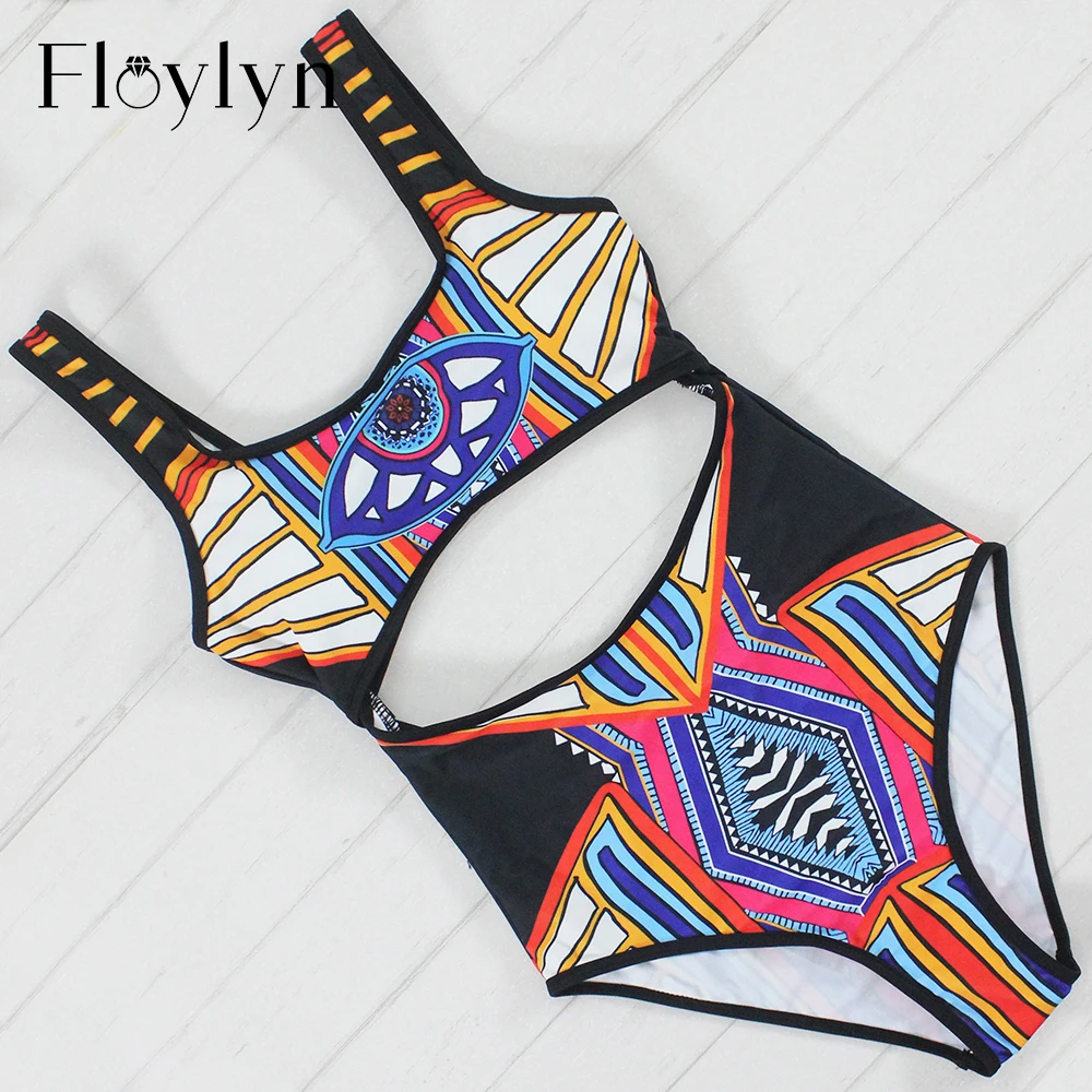 Floylyn 2017 Geometry Printed One Piece Swimsuit Women Swimwear Hollow