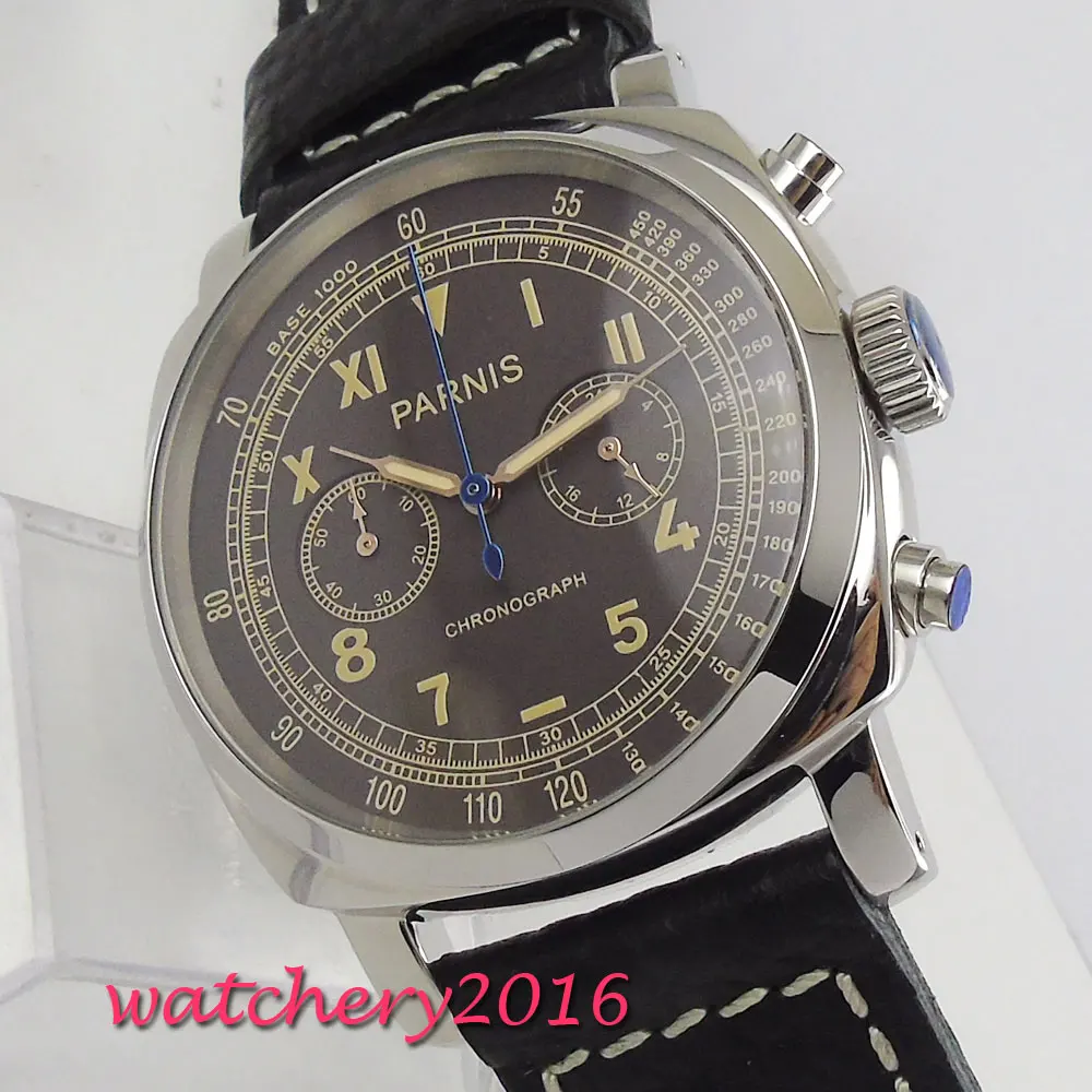 44mm Parnis black dial Stainless steel case polished bezel leather ...