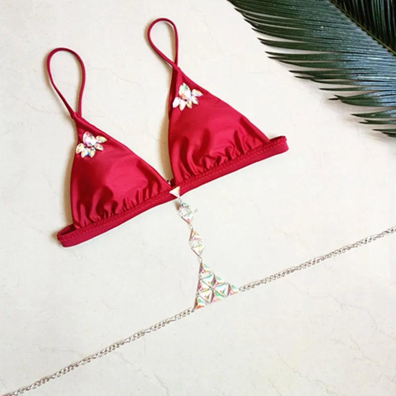 Metal Chain Push up Bikini Set Bandage Crystal Diamond Swimwear Two ...