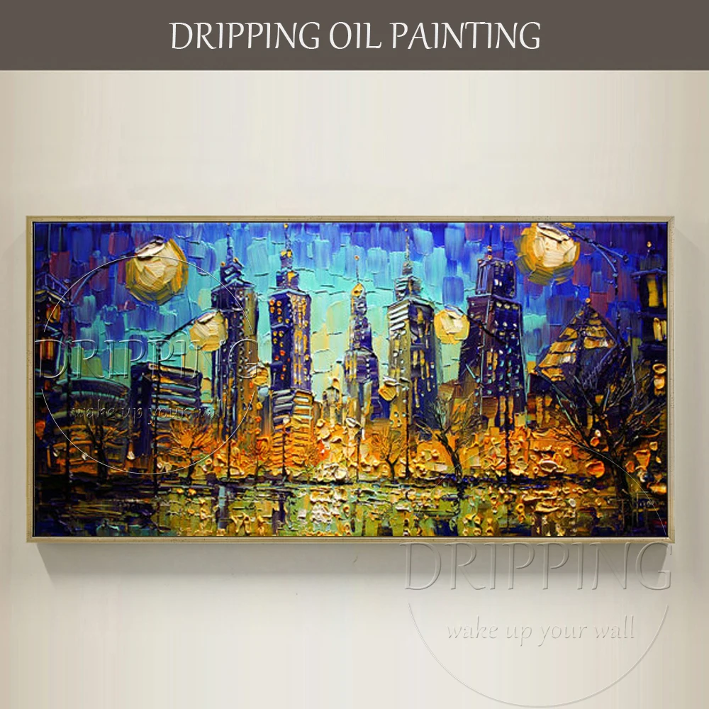 Painter Hand-painted High Quality Abstract Chicago Night Cityscape Oil ...