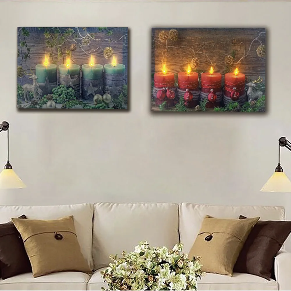 Led wall decor christmas ornaments pine with candles picture canvas art ...