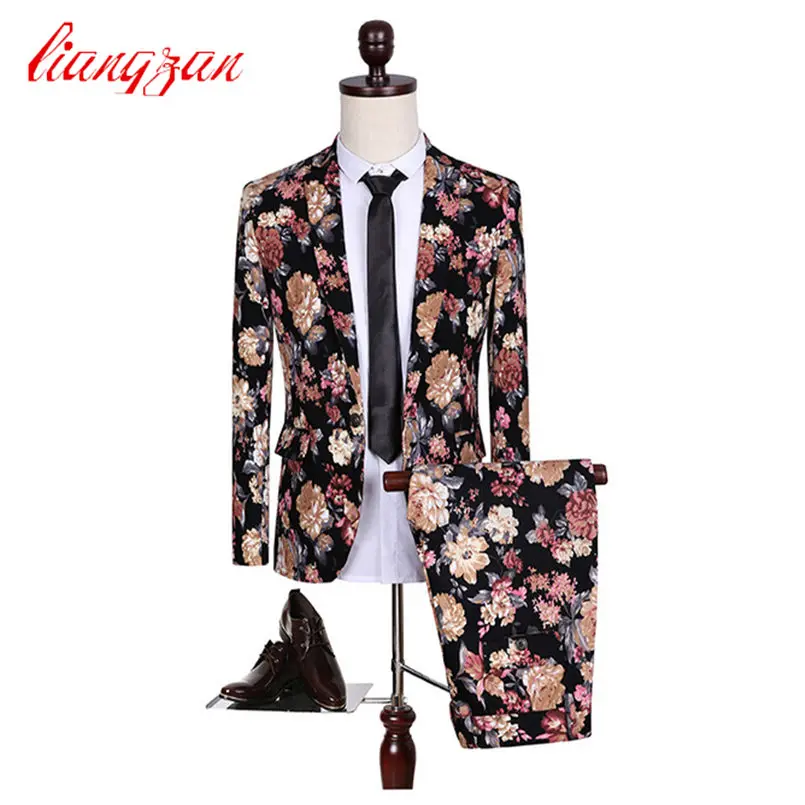 (Casacos + Calças) homens Floral Conjuntos Moda Terno Slim Fit Smoking ...